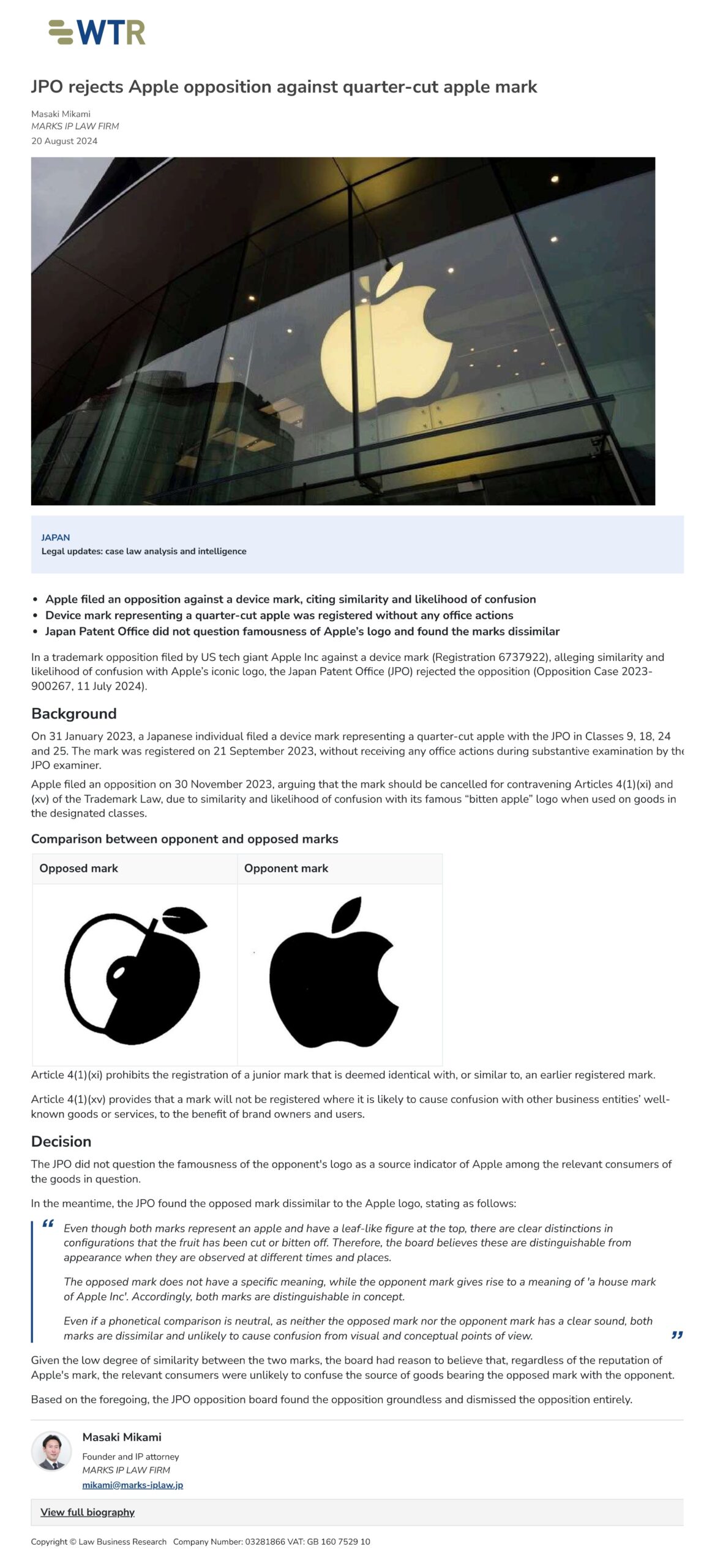 World Trademark Review (WTR) / JPO rejects Apple opposition against ...